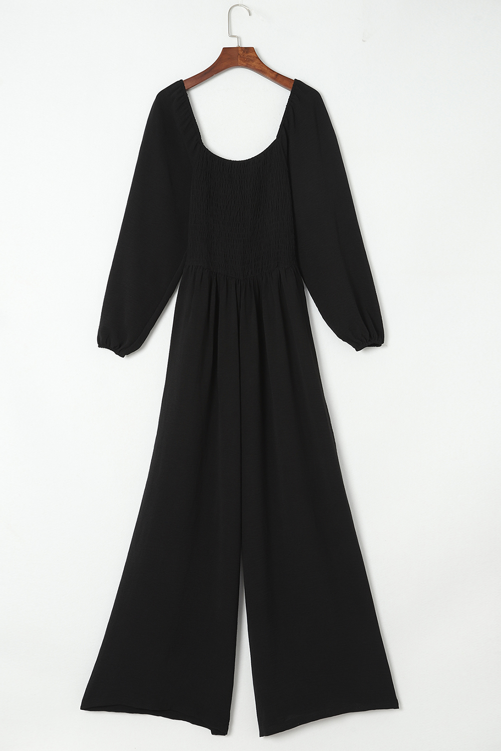 10 1 Wholesale Black Smocked Square Neck Long Sleeve Wide Leg Jumpsuit