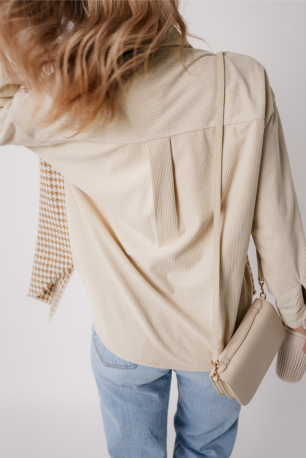 $ 10.15 - Wholesale Parchment Houndstooth Corduroy Patchwork Flap Pocket Shacket