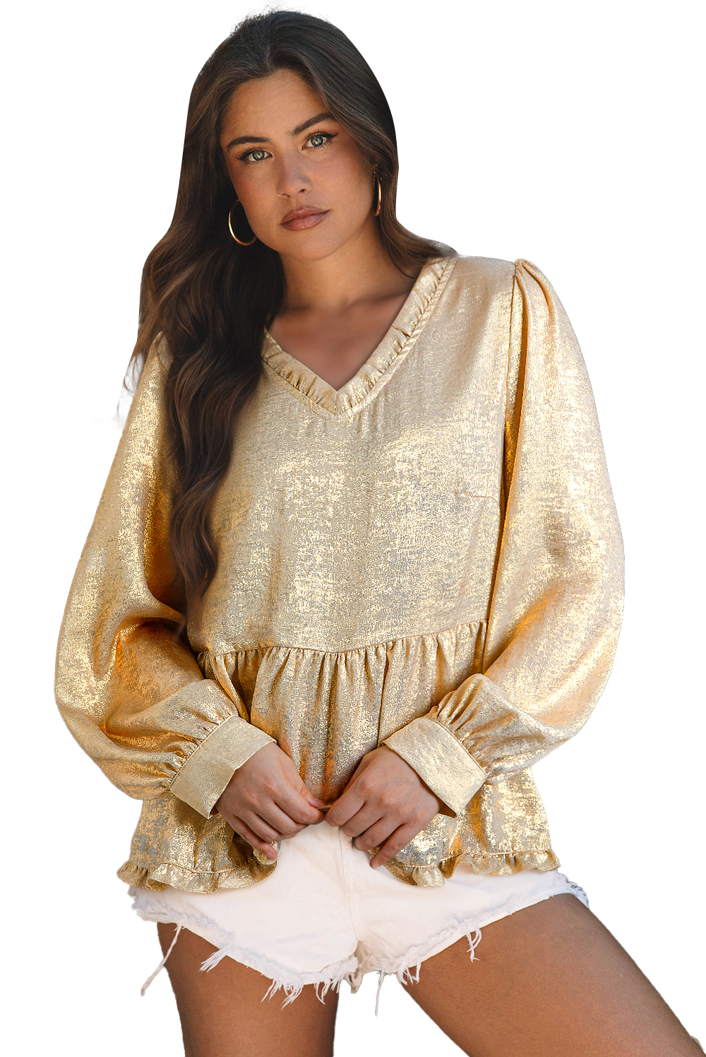 $ 8.95 - Wholesale Gold Metallic Frilled V Neck Puff Sleeve Babydoll Blouse