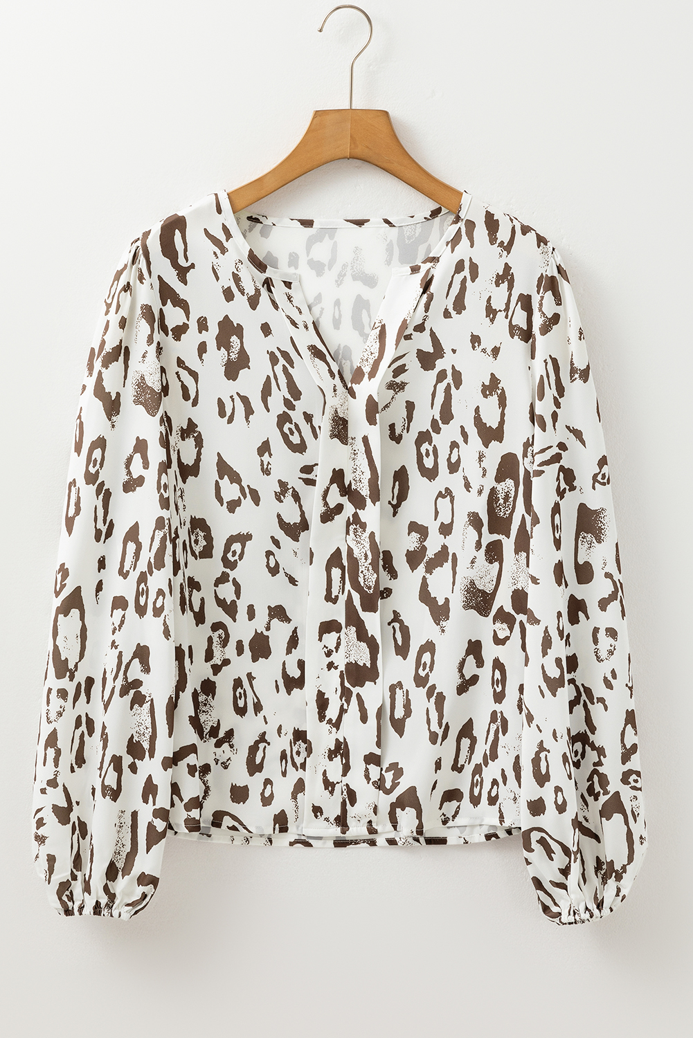 $ 5.15 - Wholesale Khaki Leopard Print Split Neck Balloon Sleeve Blouse