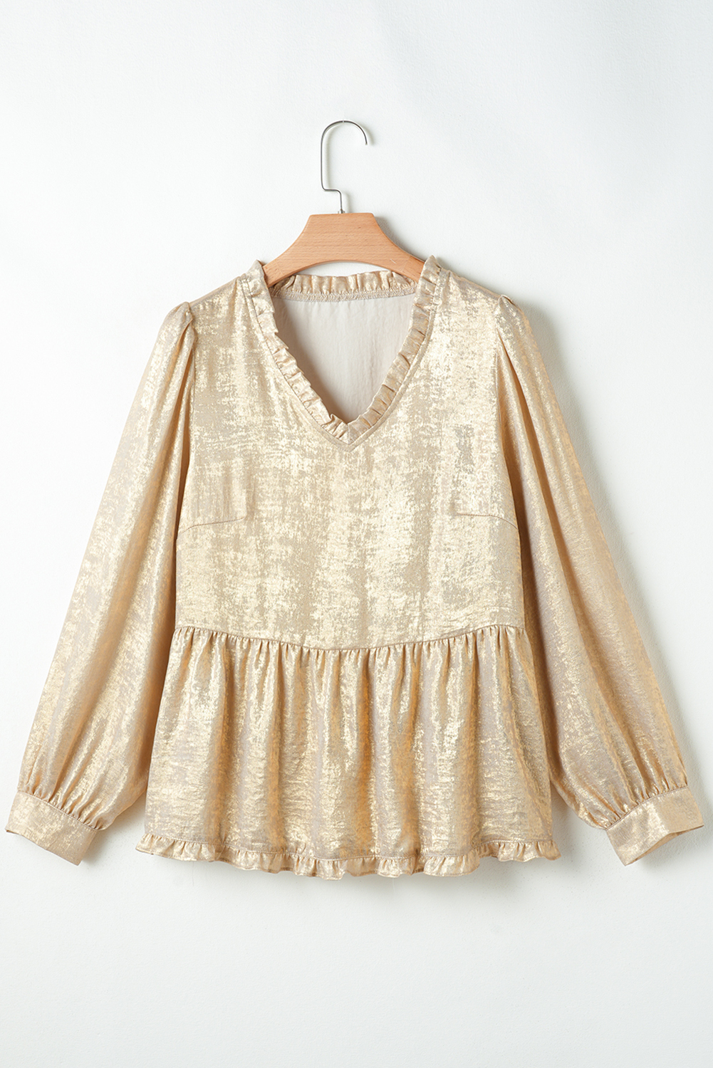 $ 8.95 - Wholesale Gold Metallic Frilled V Neck Puff Sleeve Babydoll Blouse