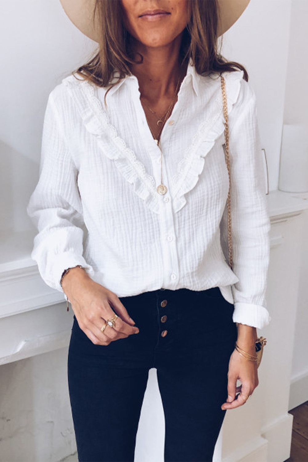 $8.5 White Ruffled Button Down Shirt Wholesale