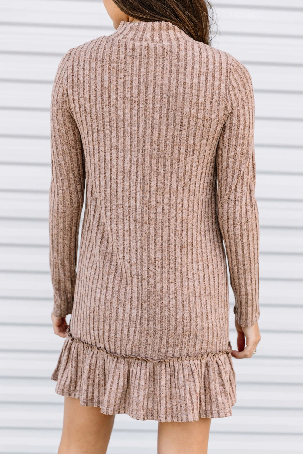 8 98 Brown Mock Neck Ruffled Long Sleeve Knit Mini Dress Wholesale