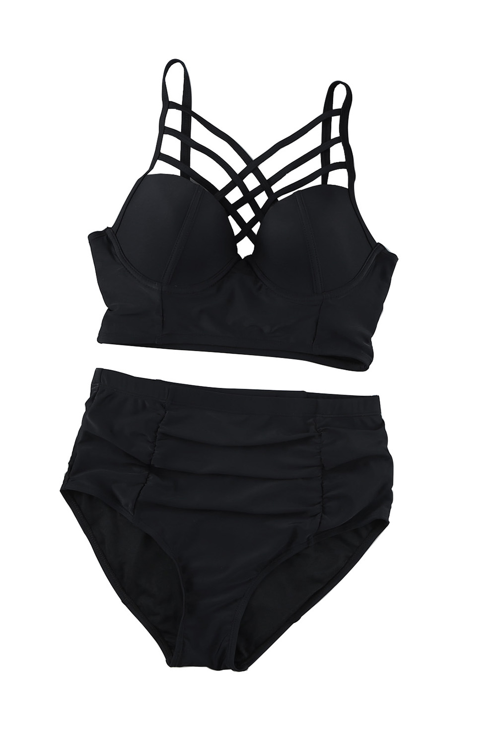 766 Black Strappy Neck Detail High Waist Plus Size Swimsuit Wholesale