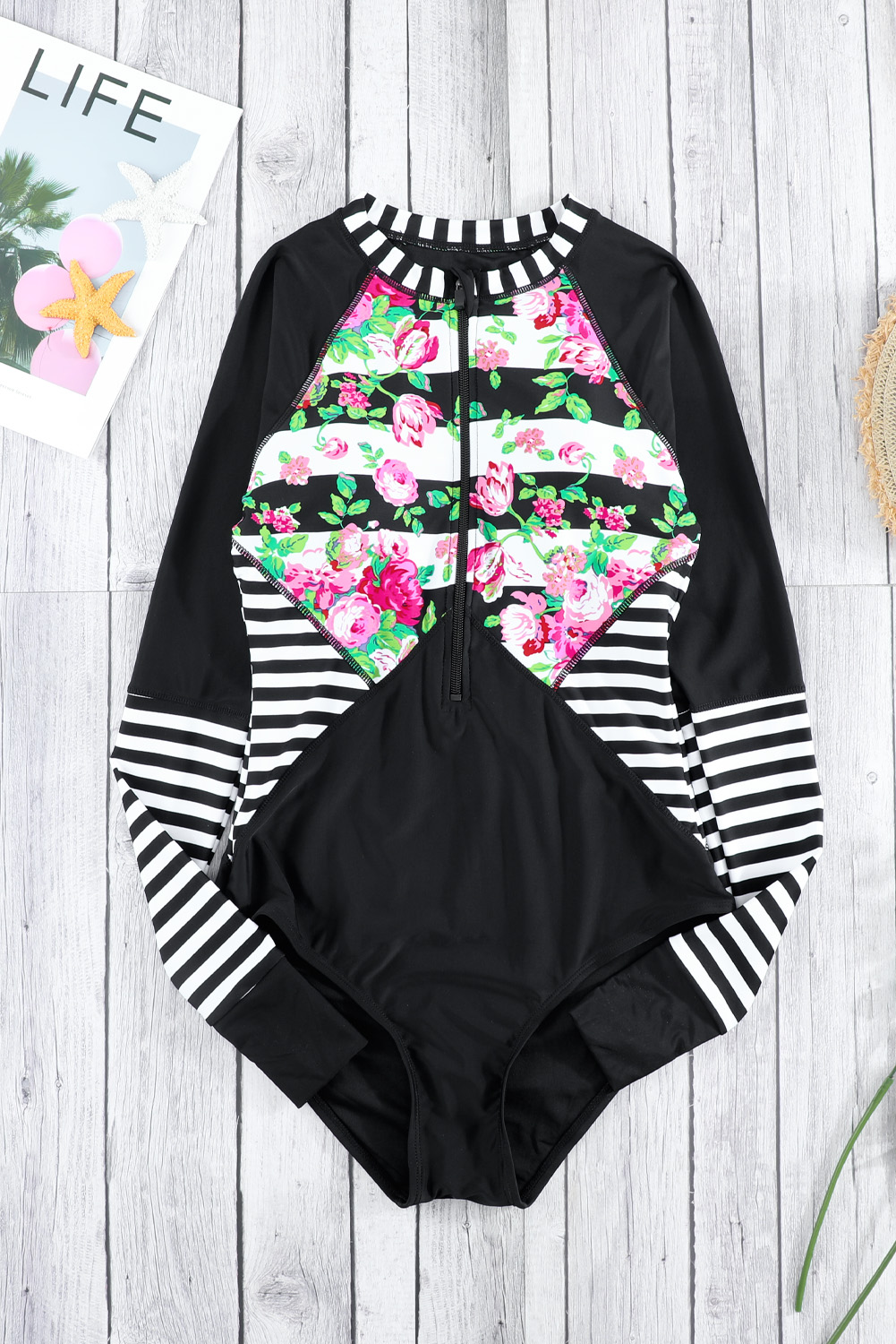 10 73 Floral Striped Patchwork Rashguard One Piece Swimsuit Wholesale