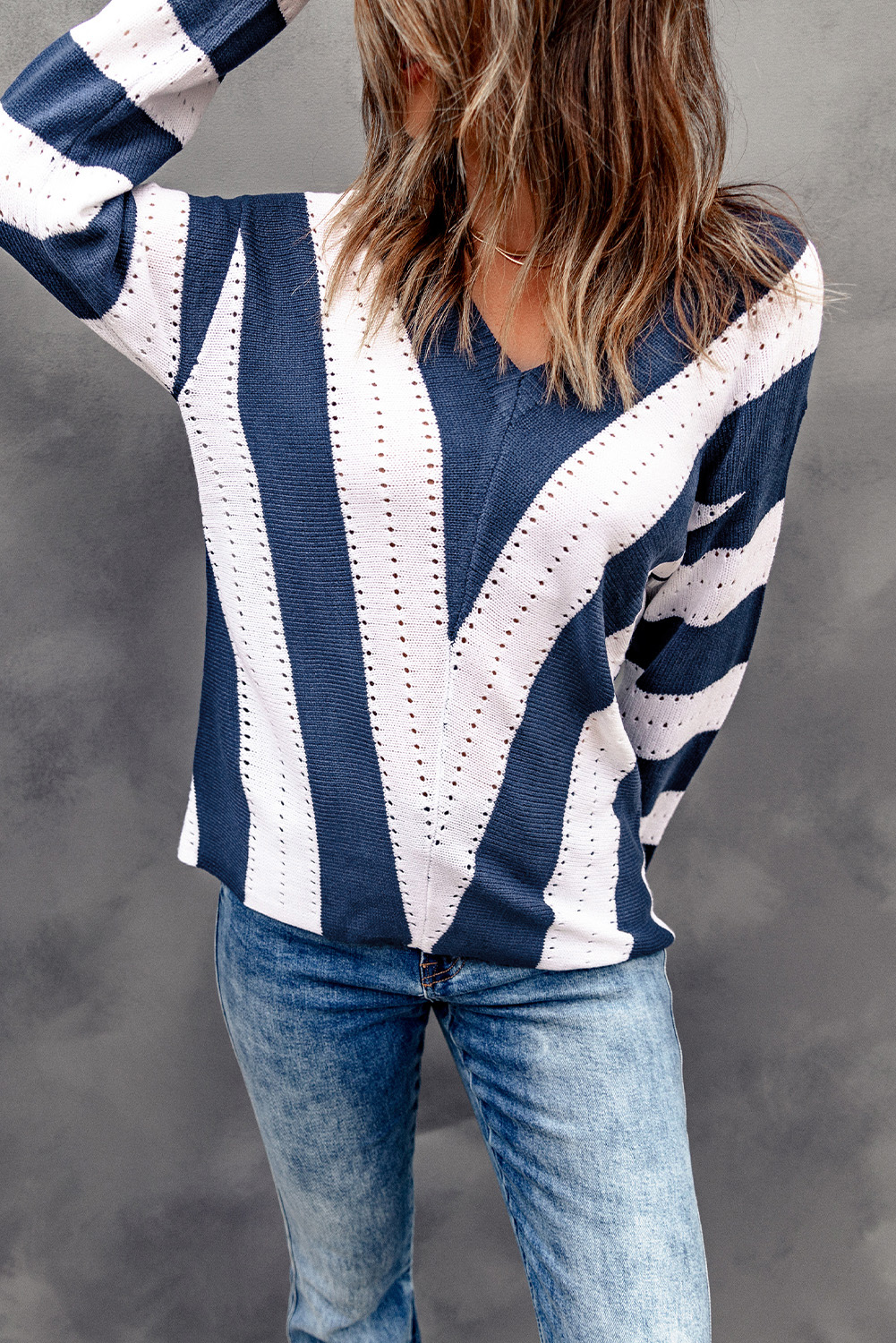 98 Blue Striped Colorblock V Neck Knitted Sweater Wholesale