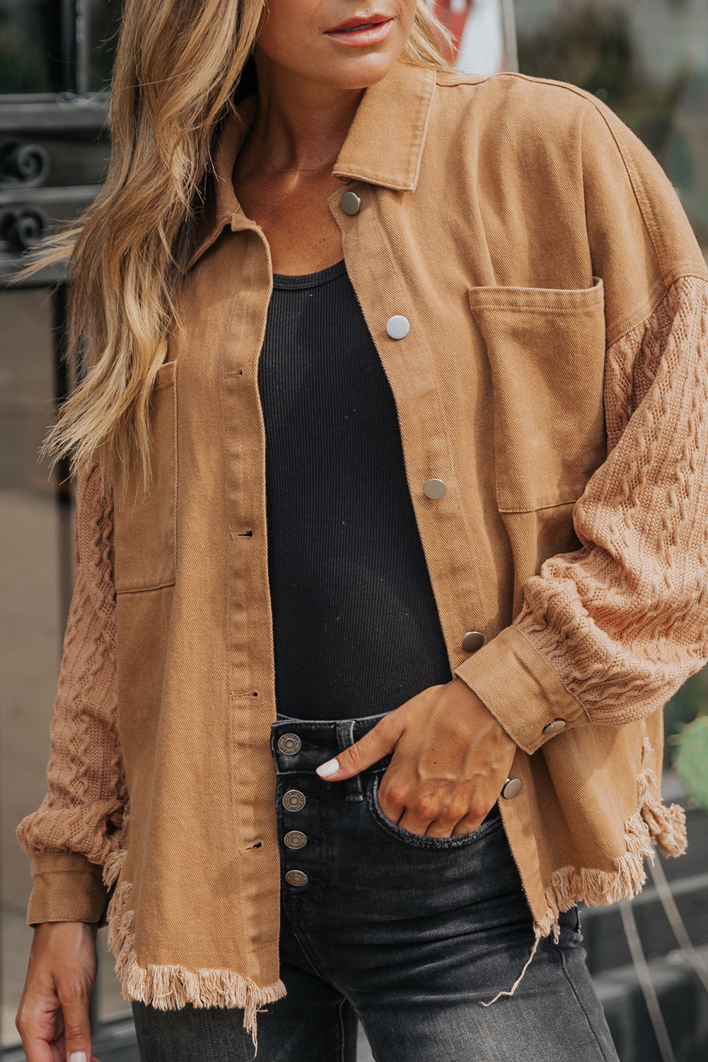 $13.69 Brown Cable Knit Sleeve Raw Hem Denim Shacket Wholesale