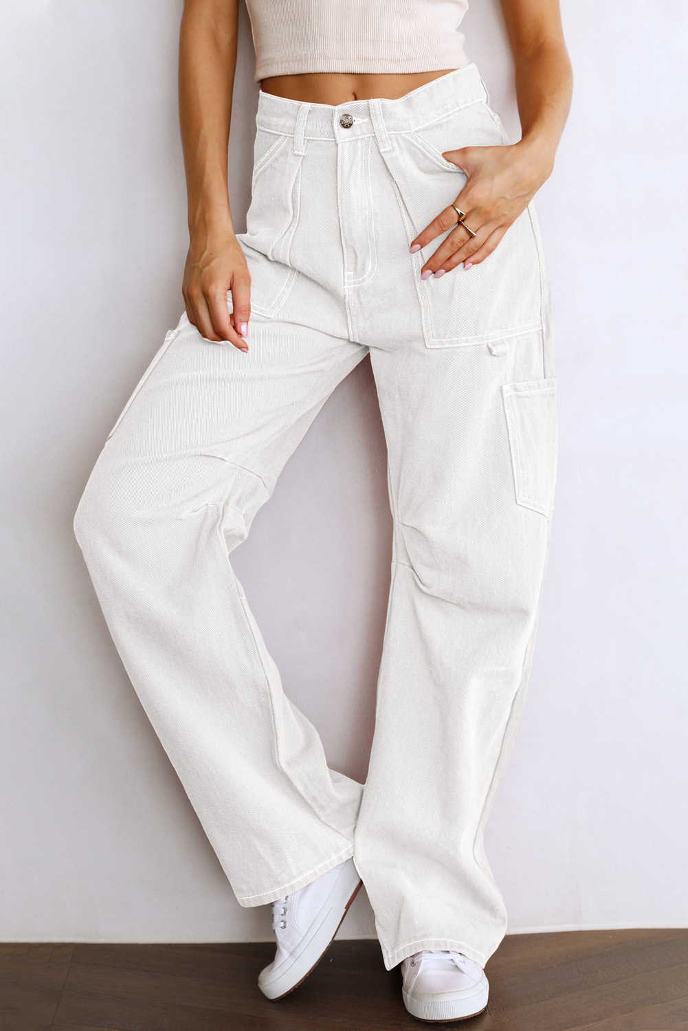 $13.8 White High Waist Straight Leg Cargo Pants with Pockets Wholesale