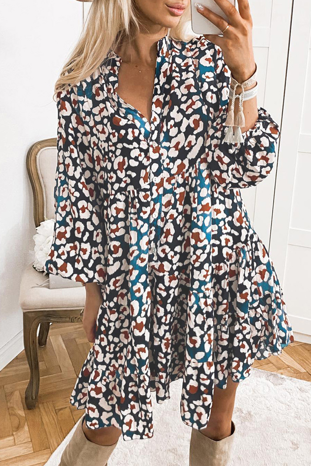 $10.22 Blue Leopard Print Bubble Sleeve Ruffled Shirt Dress Wholesale