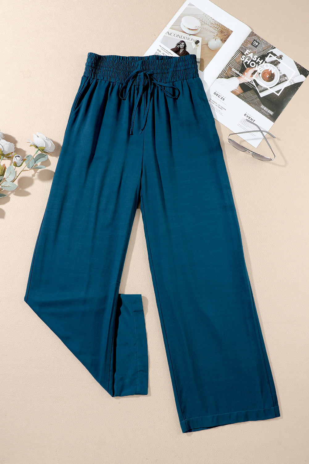 6 4 Blue Drawstring Elastic Waist Casual Wide Leg Pants Wholesale