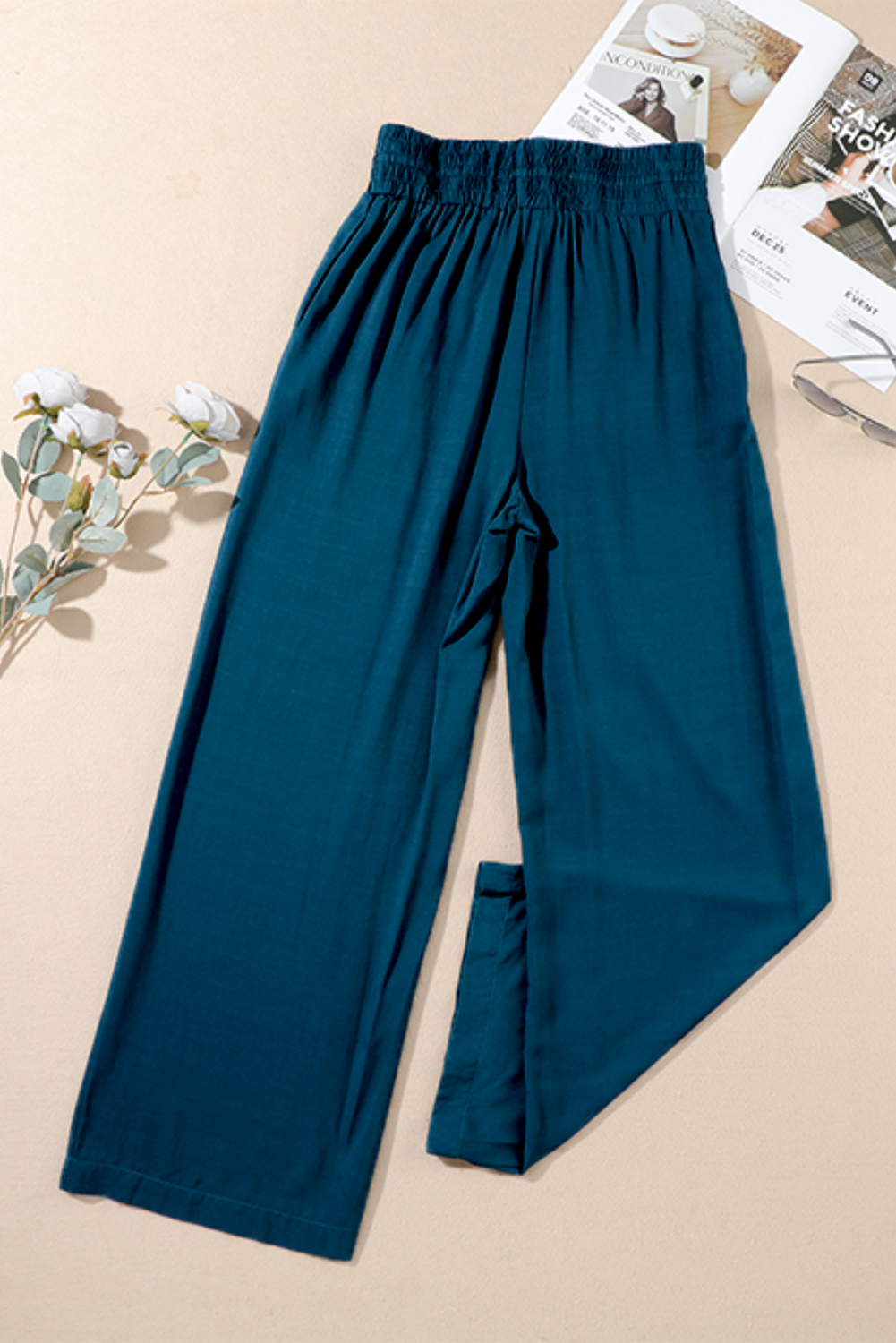 6 4 Blue Drawstring Elastic Waist Casual Wide Leg Pants Wholesale