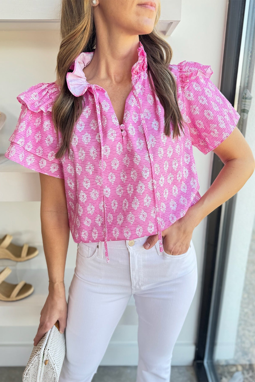 $8 Pink Vintage Floral Ruffled Split Neck Short Sleeve Blouse Wholesale