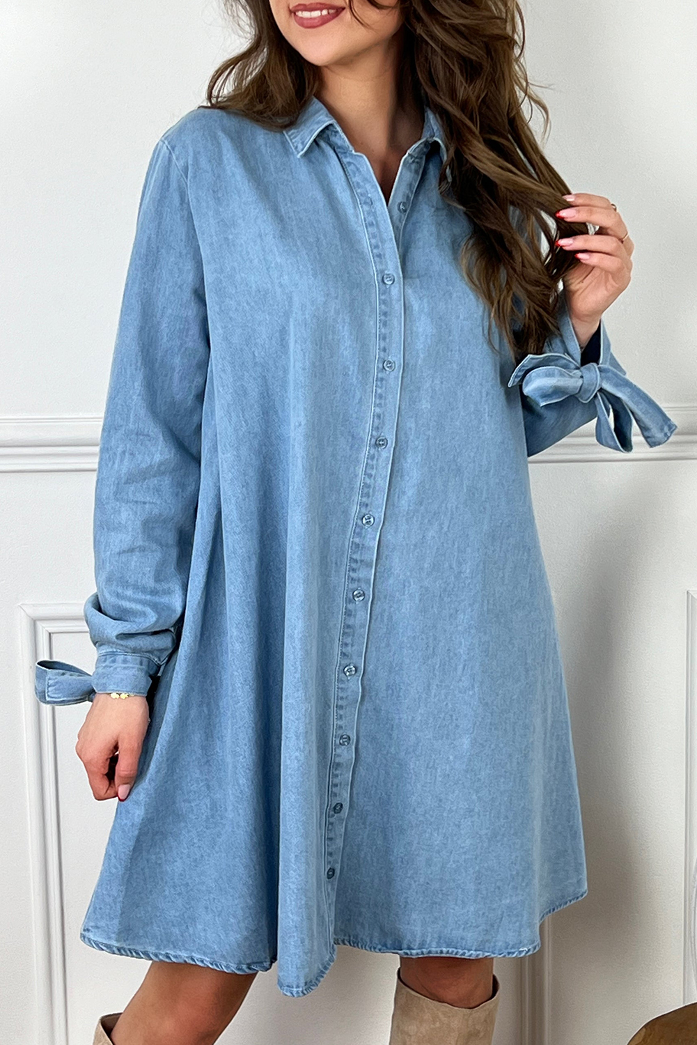 12 89 Myosotis Bow Knot Cuff Long Sleeve Chambray Mini Shirt Dress