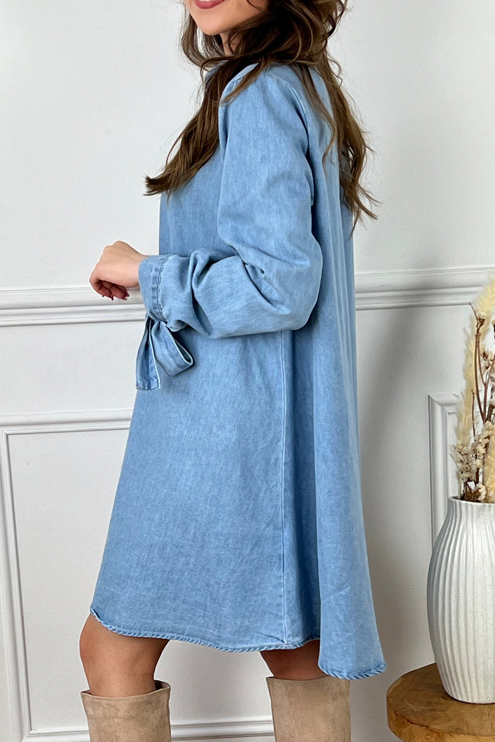 12 89 Myosotis Bow Knot Cuff Long Sleeve Chambray Mini Shirt Dress