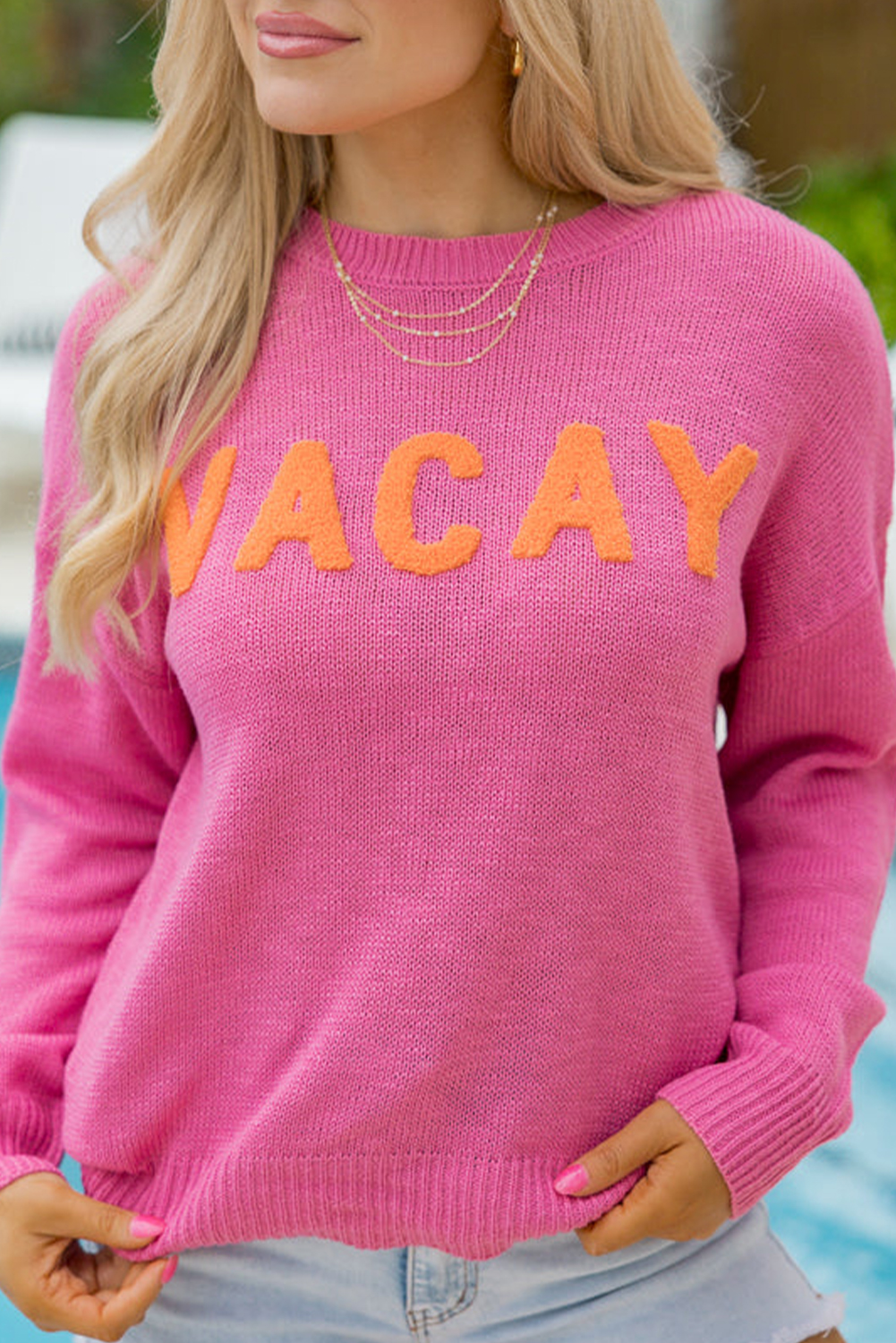 $8.59 Sachet Pink VACAY Scripted Graphic Crew Neck Sweater Wholesale