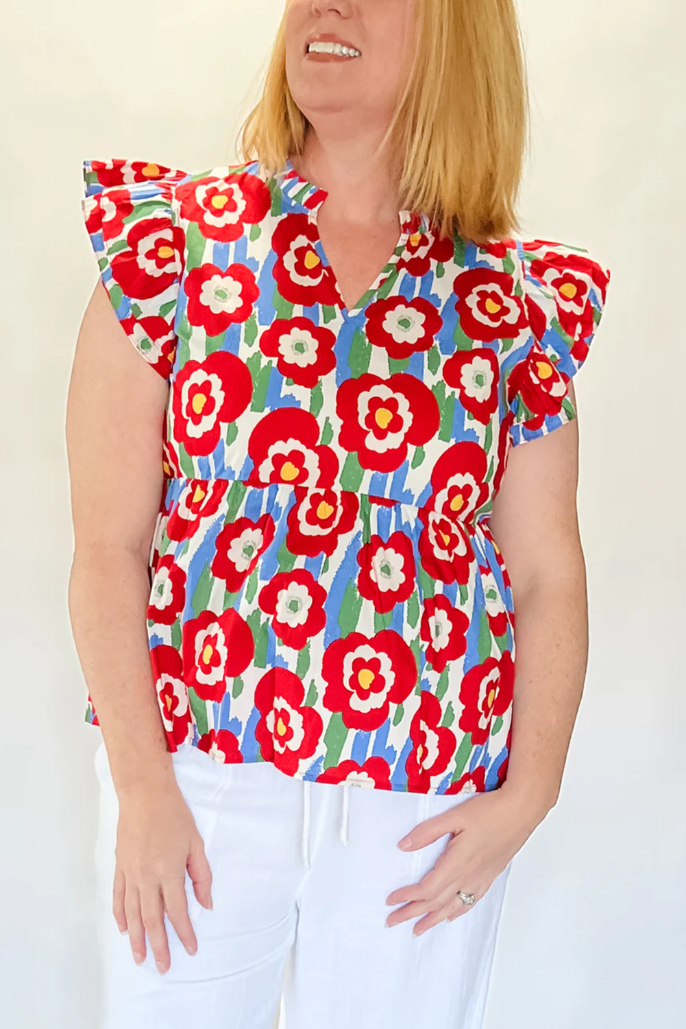 $7.5 Red Plus Size Floral Print Ruffle Trim Split Neck Peplum Top Wholesale