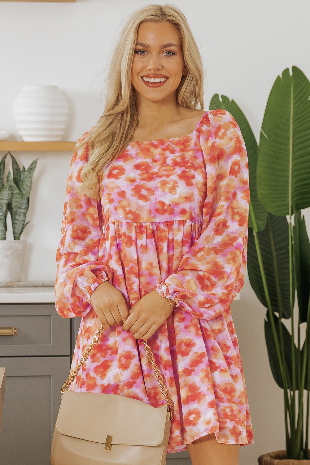 $11.3 Rose Floral Print Square Neck High Waist Mini Dress Wholesale