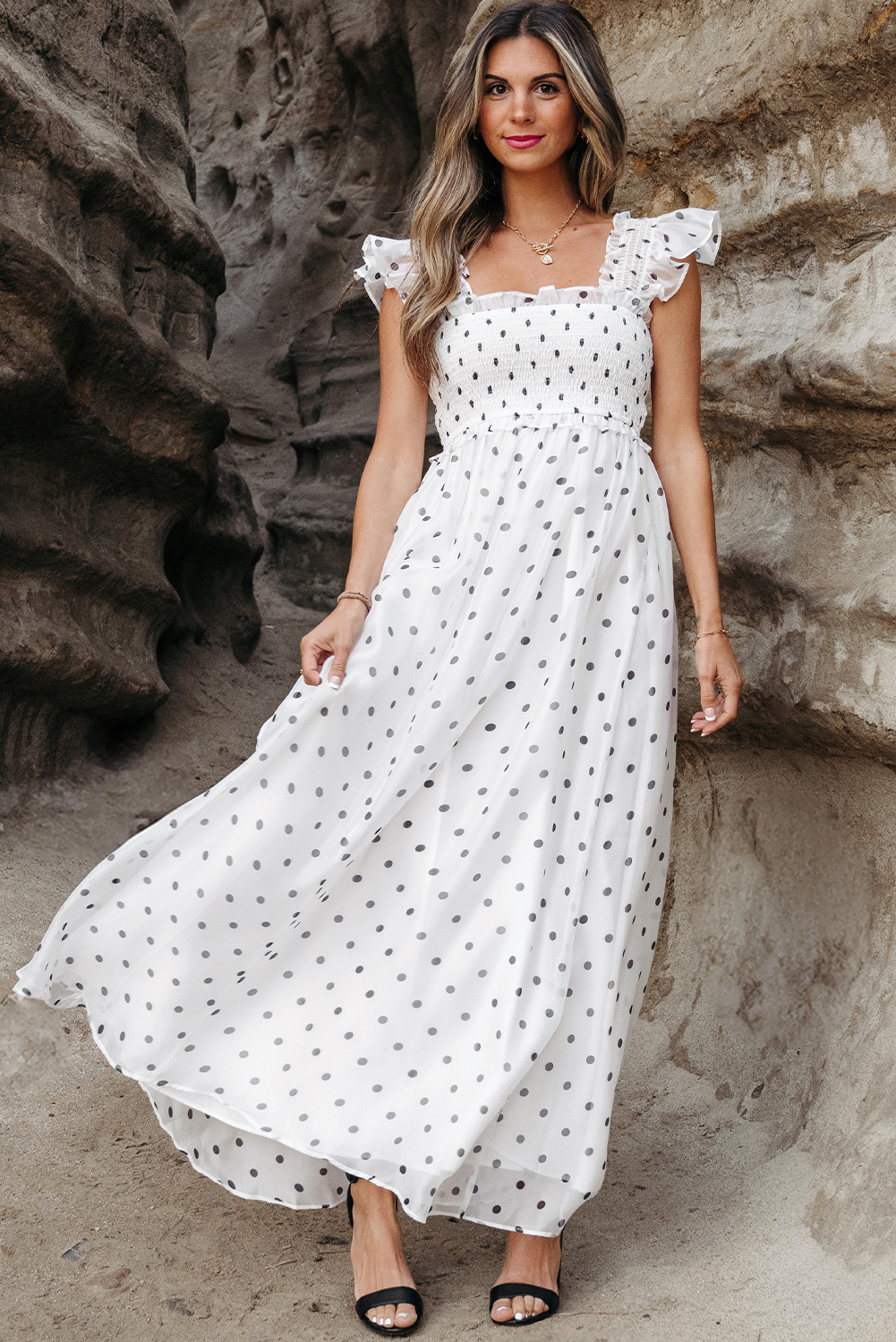 $14.95 White Polka Dot Flutter Sleeve Square Neck Smocked Maxi Dress Wholesale