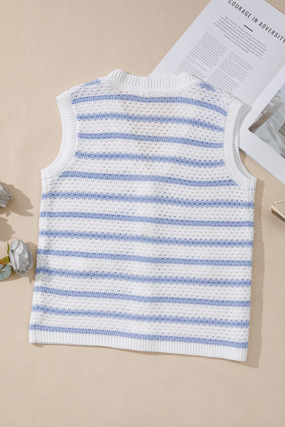 $8.75 Sky Blue Stripe V Neck Gold Buttons Elegant Sweater Vest Wholesale