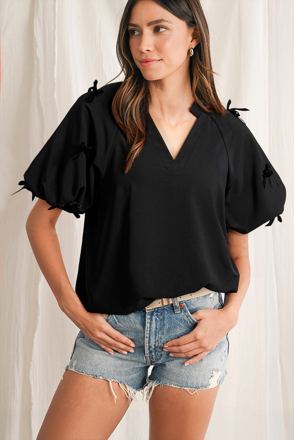 $7.7 Black Bow Decor Puff Sleeve Split Neck Blouse Wholesale