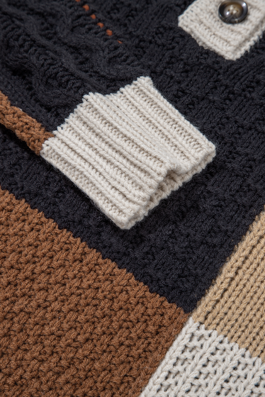 $12.05 Multicolour Color Block Cable Knit Sleeve Buttons Collared Sweater Wholesale