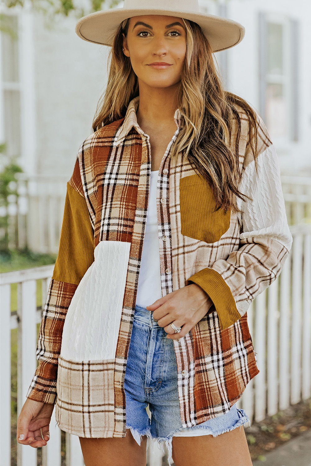 $ 10.8 - Wholesale Orange Plaid Color Block Patchwork Shirt Jacket with ...