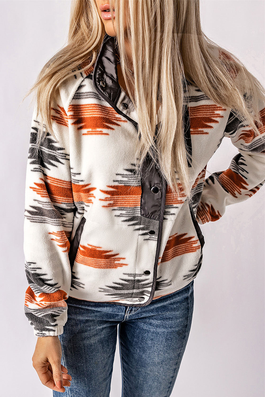 $ 10.9 - Wholesale Gray Western Aztec Snap Buttoned Fleece Jacket