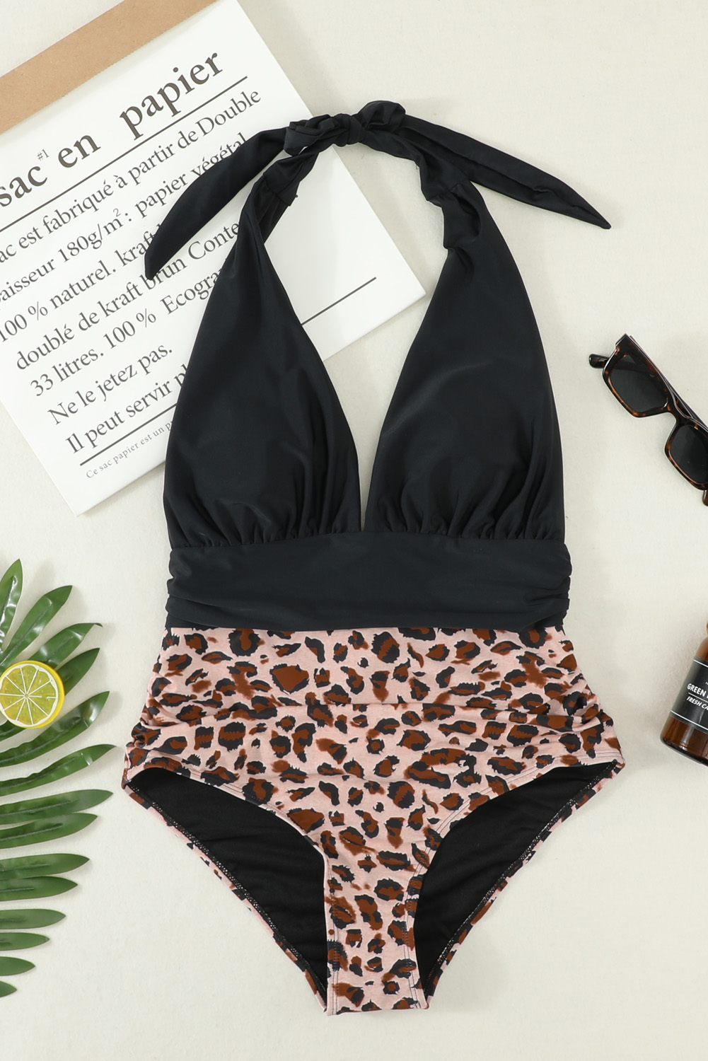 $ 3.3 - Wholesale Plunge V Neck Colorblock Leopard Bottoms One-piece ...
