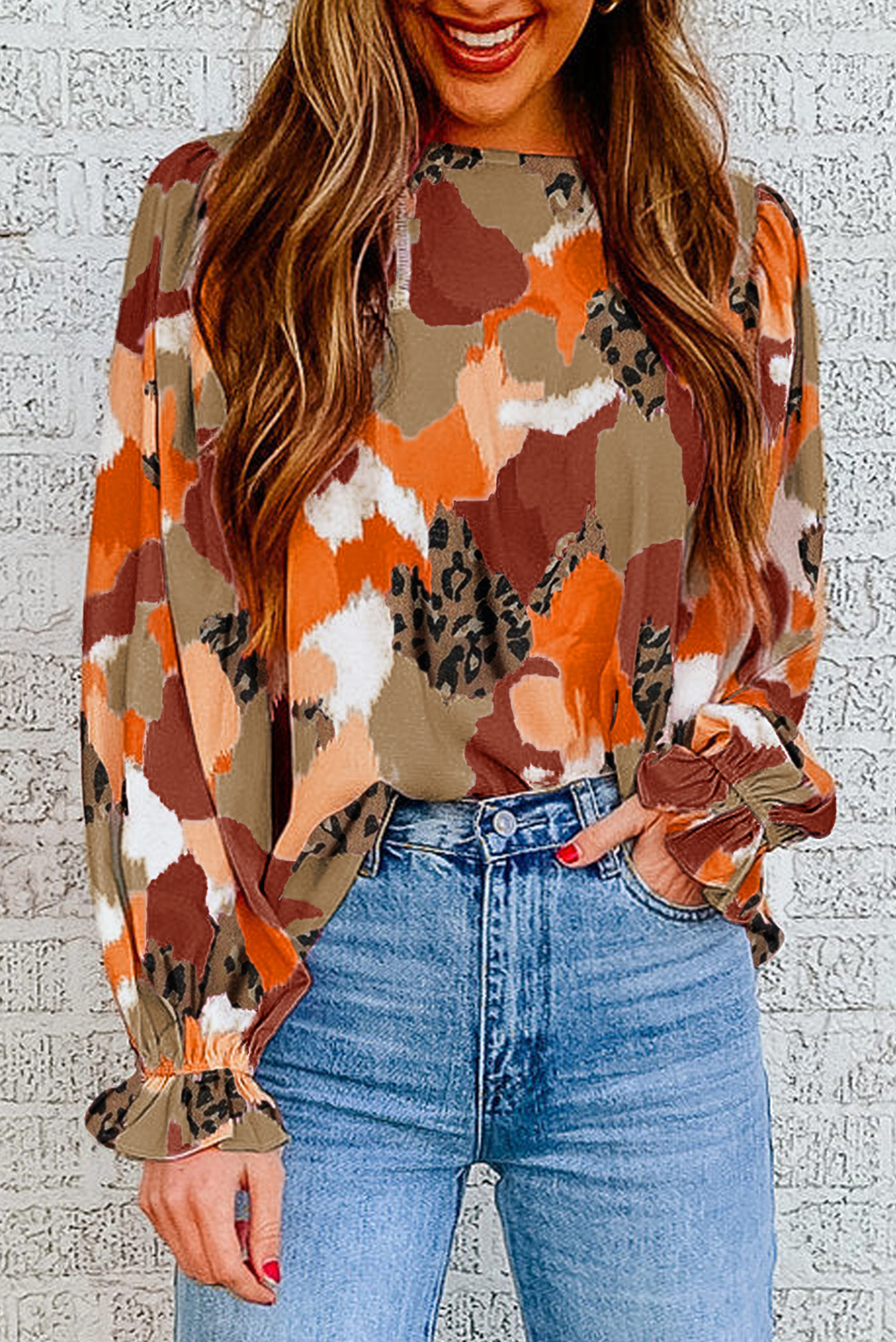 $ 6.8 - Wholesale Multicolor Abstract Printed Long Sleeve Blouse