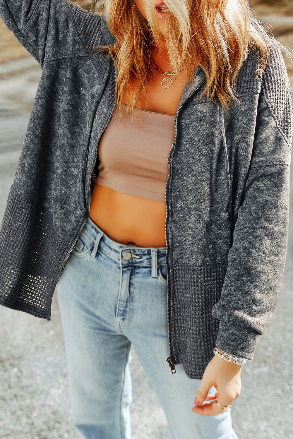 $ 11.8 - Wholesale Gray Waffle Patchwork Vintage Washed Hooded Jacket