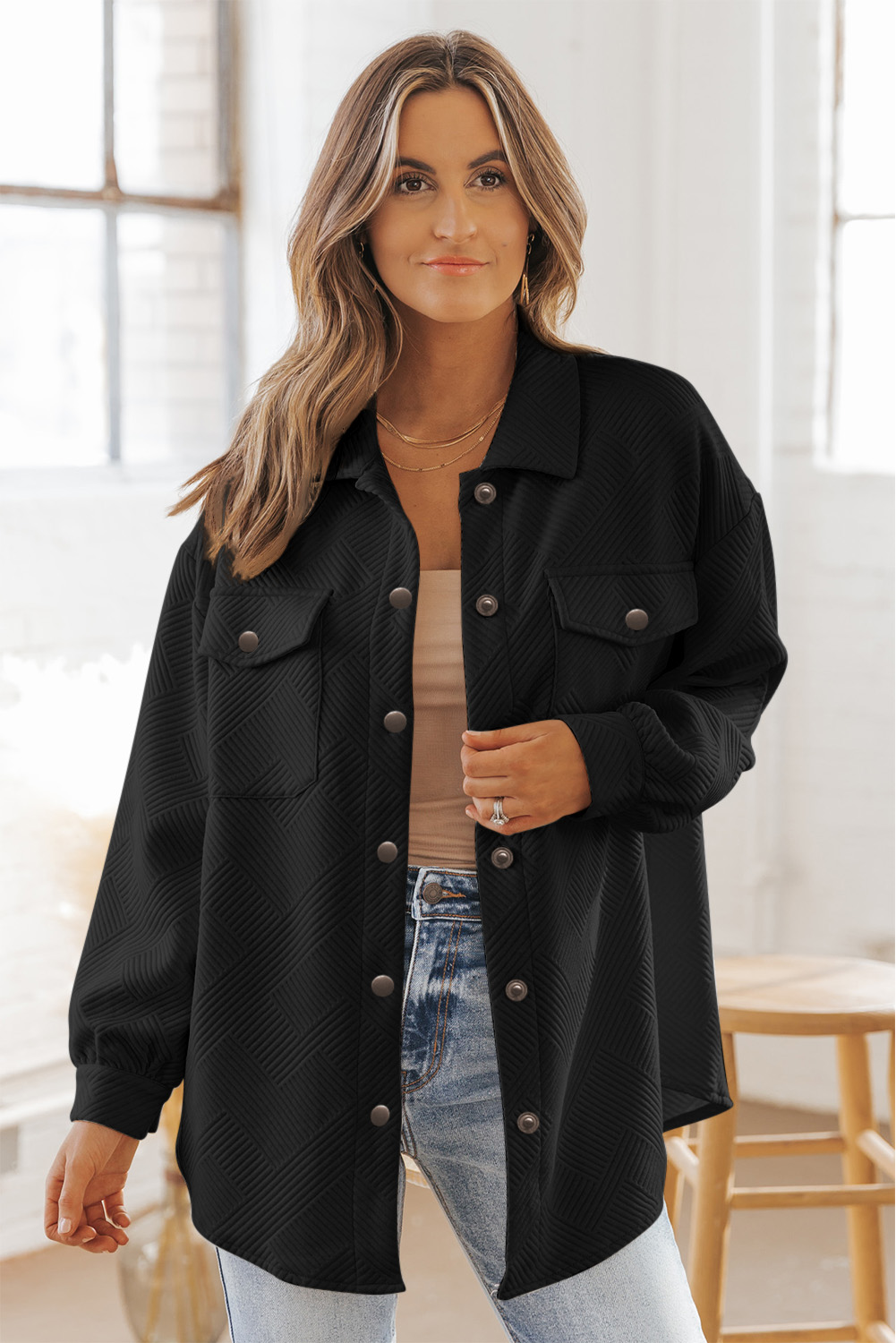 $ 10.14 - Wholesale Black Solid Textured Flap Pocket Buttoned Shacket