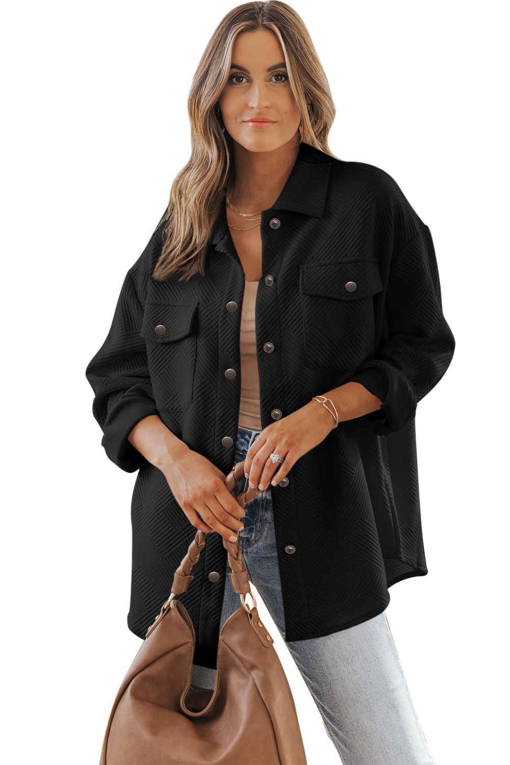 $ 10.14 - Wholesale Black Solid Textured Flap Pocket Buttoned Shacket
