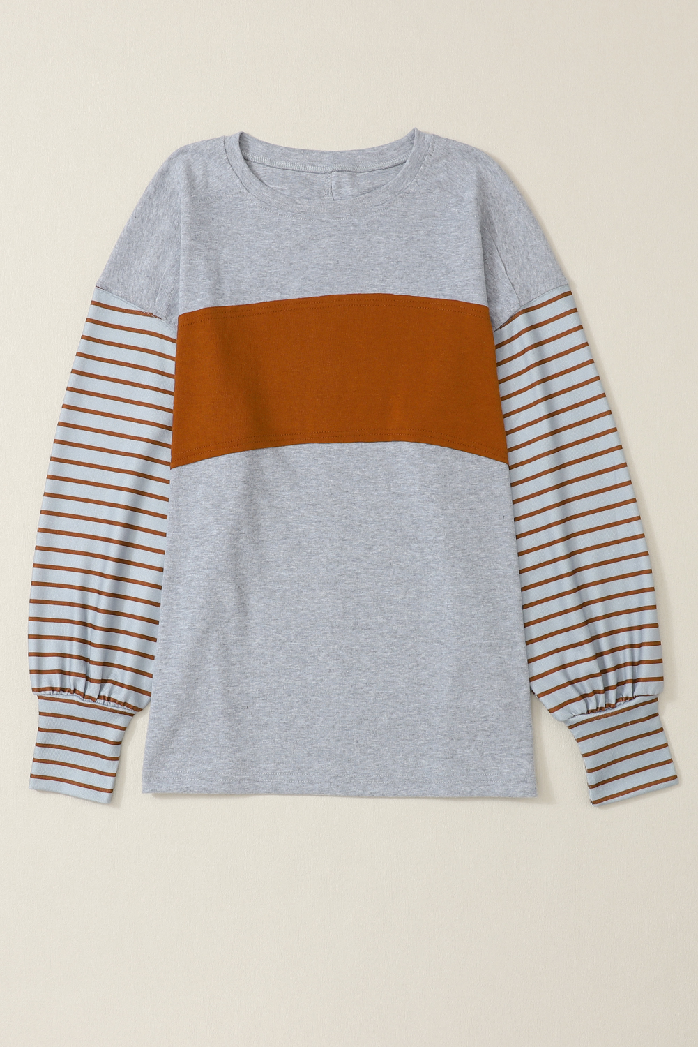 $ 6.06 - Wholesale Gray Colorblock Striped Bishop Sleeve Top