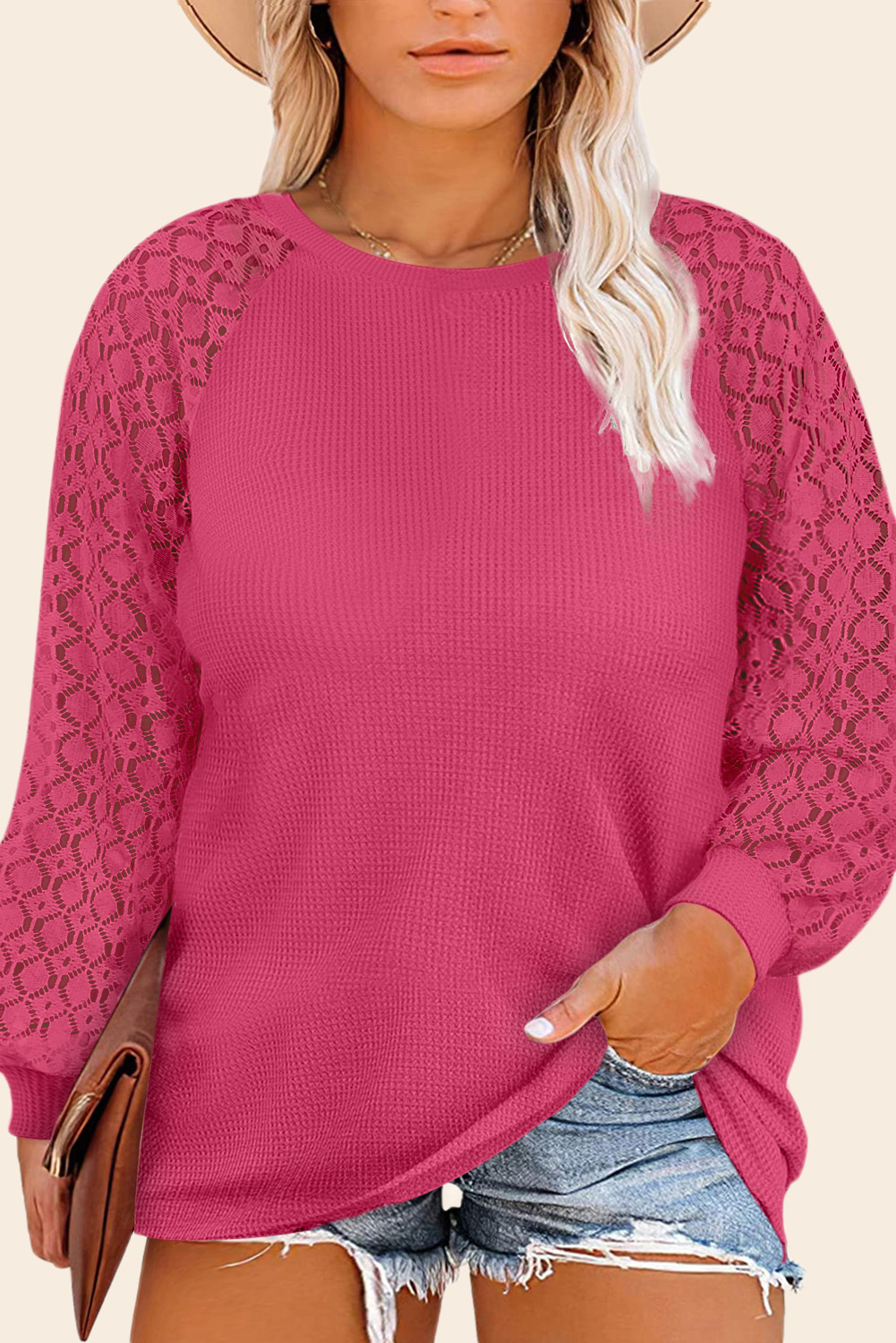 $ 6.4 - Wholesale Strawberry Pink Eyelet Raglan Sleeve Drop Shoulder ...