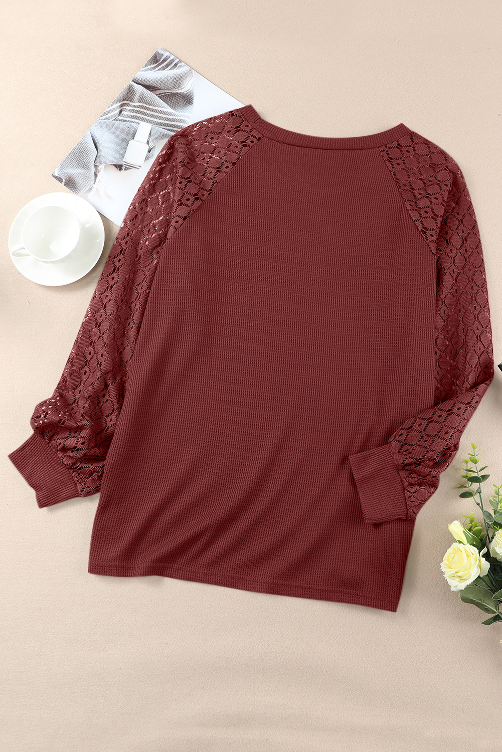 $ 6.4 - Wholesale Red Eyelet Raglan Sleeve Drop Shoulder Plus Size Top
