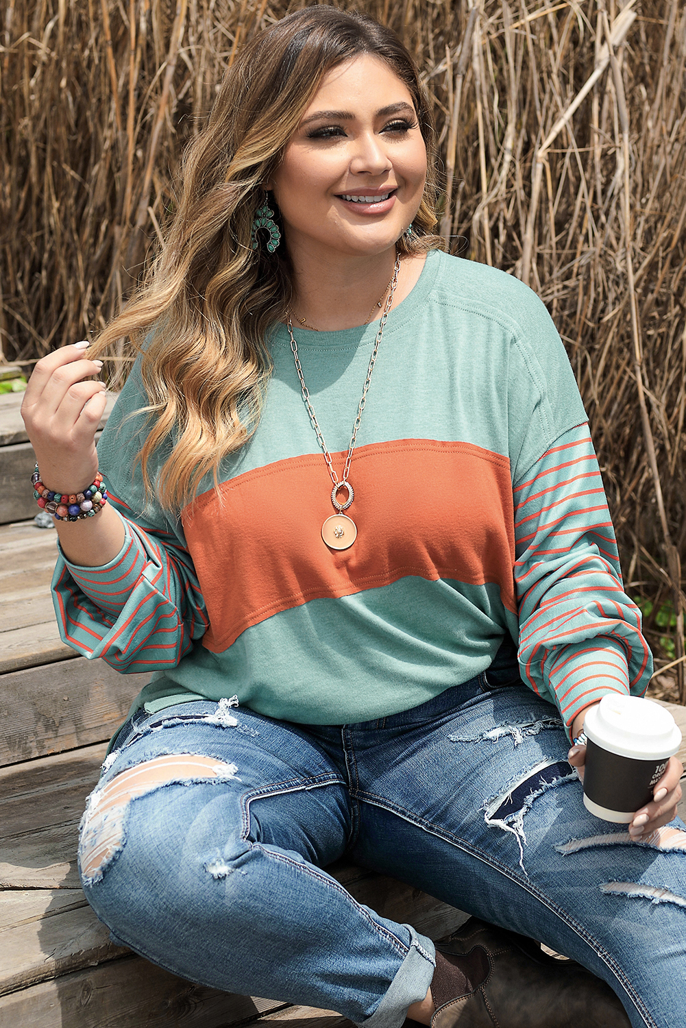 $ 4.82 - Wholesale Green Plus Size Striped Long Sleeve Colorblock Tee ...