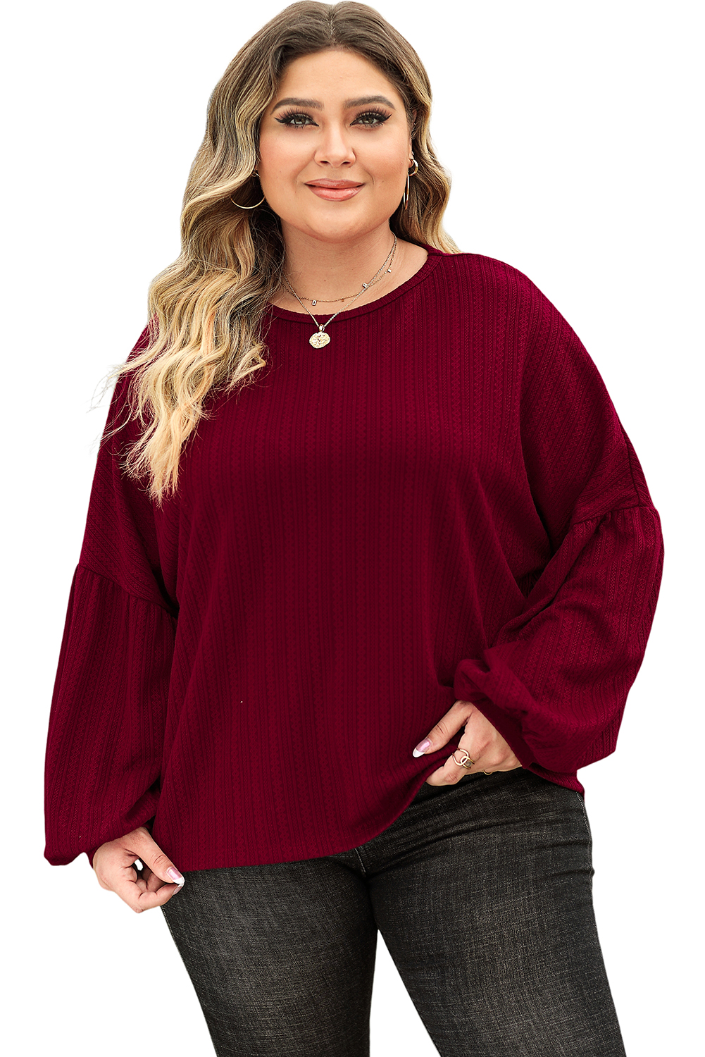 $ 6.12 - Wholesale Red Dahlia Plus Size Balloon Sleeve Textured Knit Top