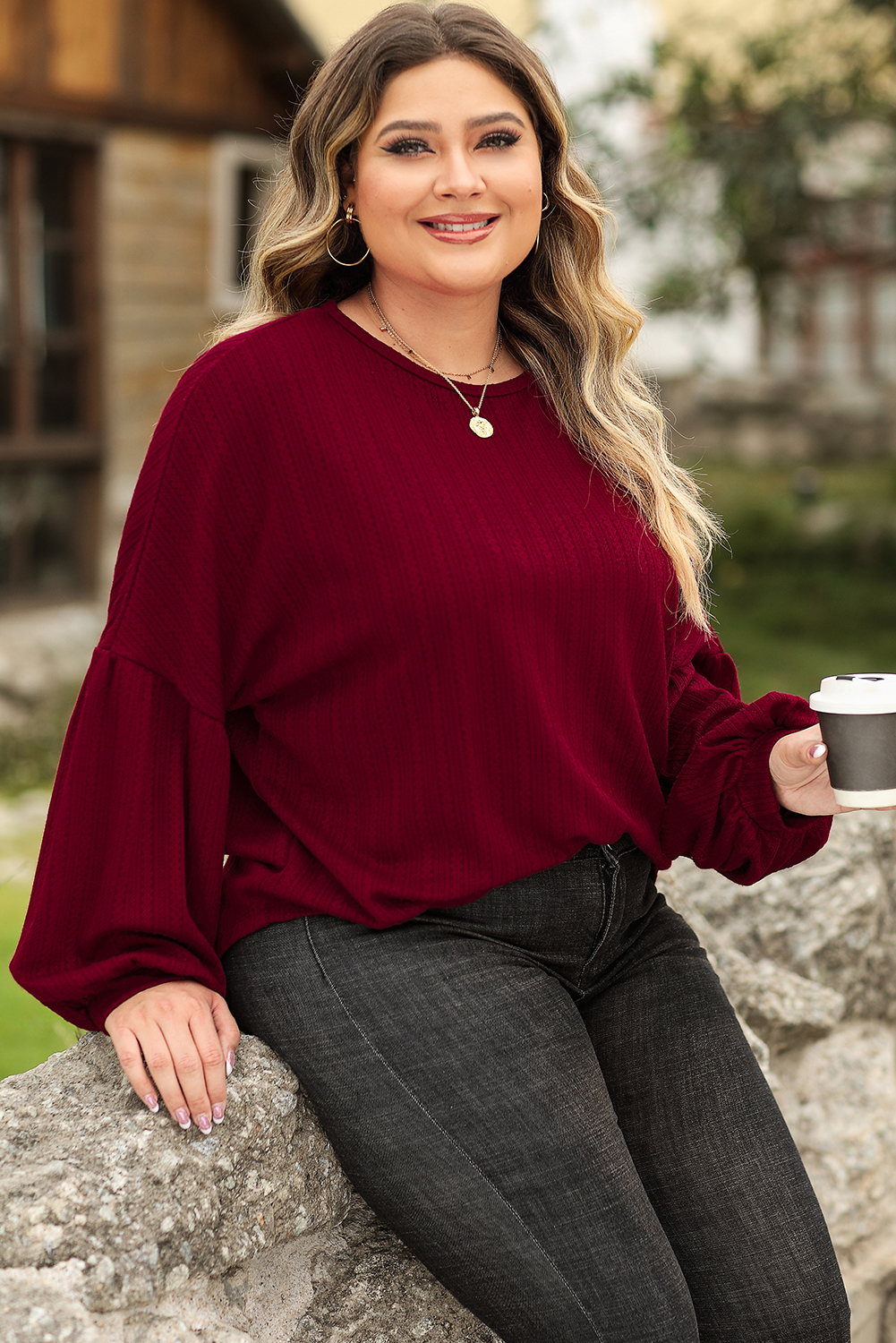 $ 6.12 - Wholesale Red Dahlia Plus Size Balloon Sleeve Textured Knit Top
