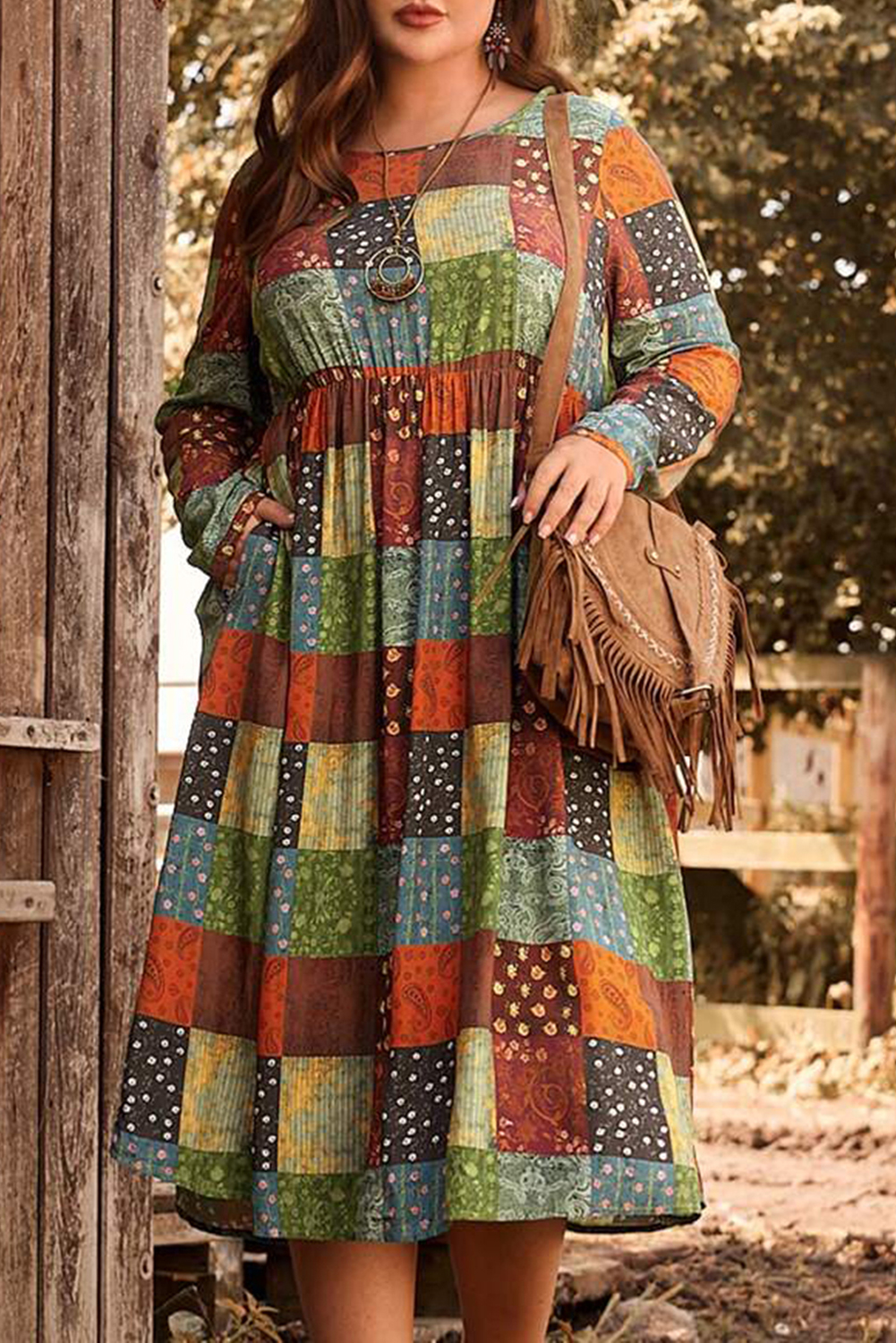 $ 7.83 - Wholesale Green Printed Multicolor Western Checkered Plus Size ...