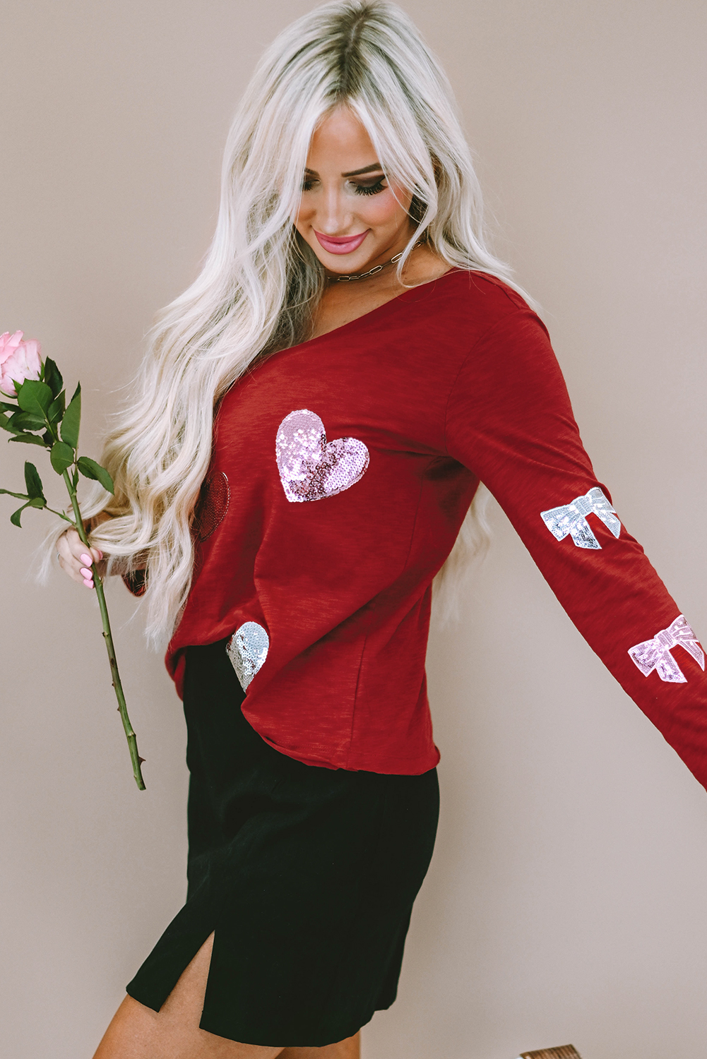 $ 8.28 - Wholesale Red Sandalwood Sequined Heart Shape Bow Graphic V ...