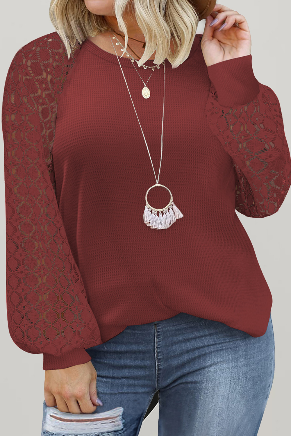 $ 6.4 - Wholesale Red Eyelet Raglan Sleeve Drop Shoulder Plus Size Top