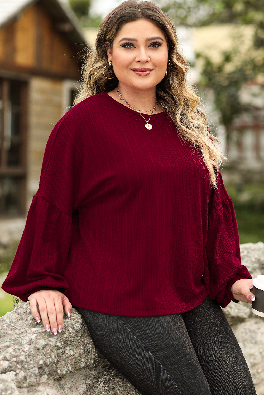 $ 6.12 - Wholesale Red Dahlia Plus Size Balloon Sleeve Textured Knit Top