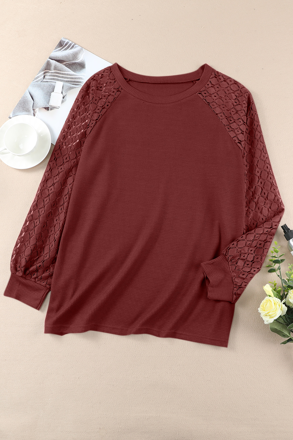 $ 6.4 - Wholesale Red Eyelet Raglan Sleeve Drop Shoulder Plus Size Top