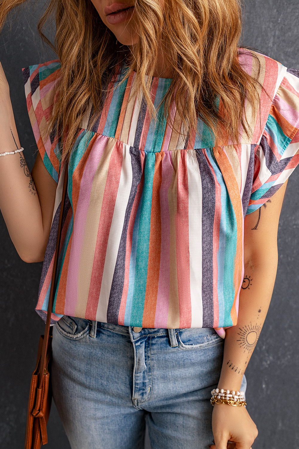 $ 6.6 - Wholesale Multicolor Striped Tiered Ruffle Cap Sleeve Top