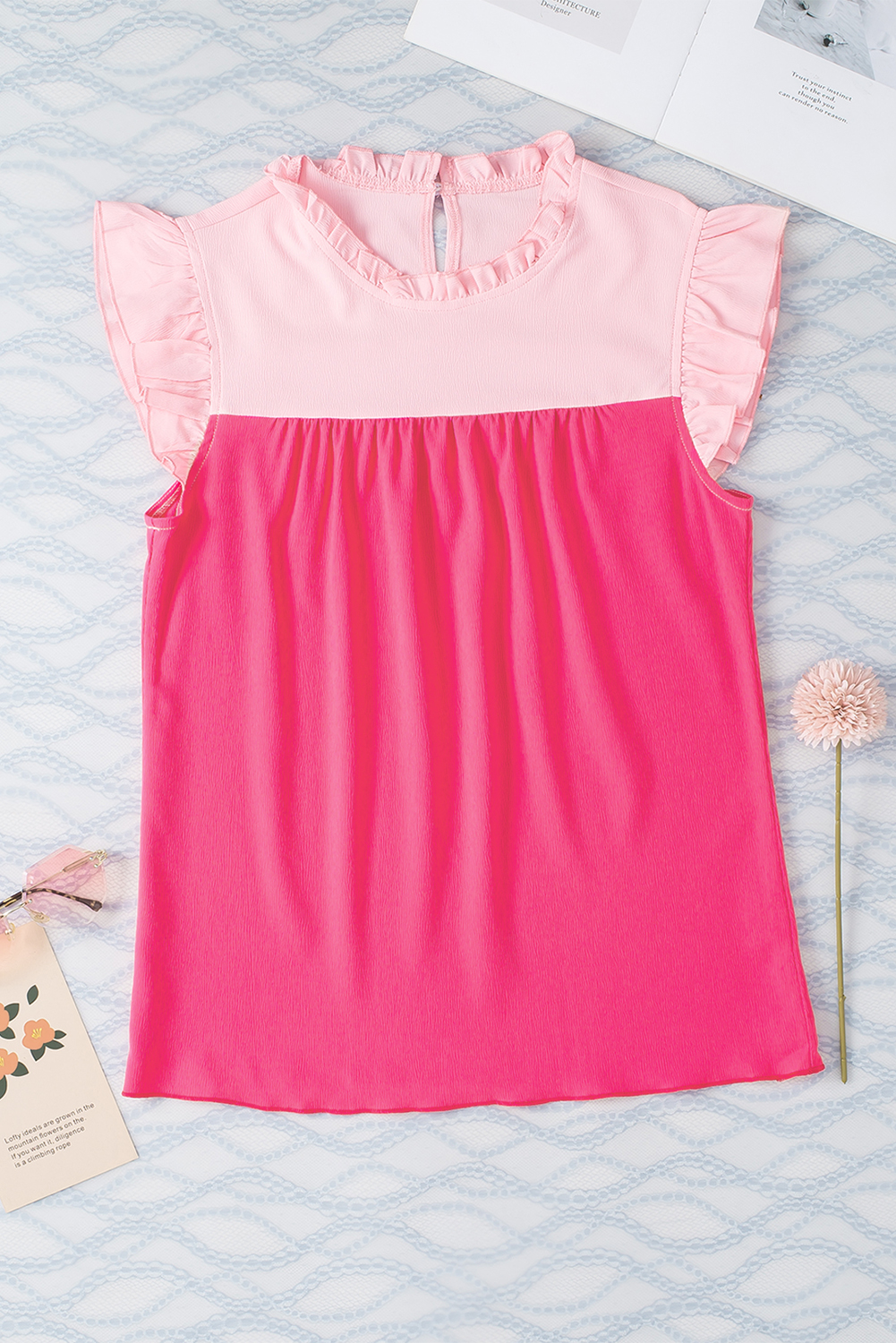 $ 3.36 - Wholesale Rose Red Two Tone Ruffled Flutter Sleeve Blouse