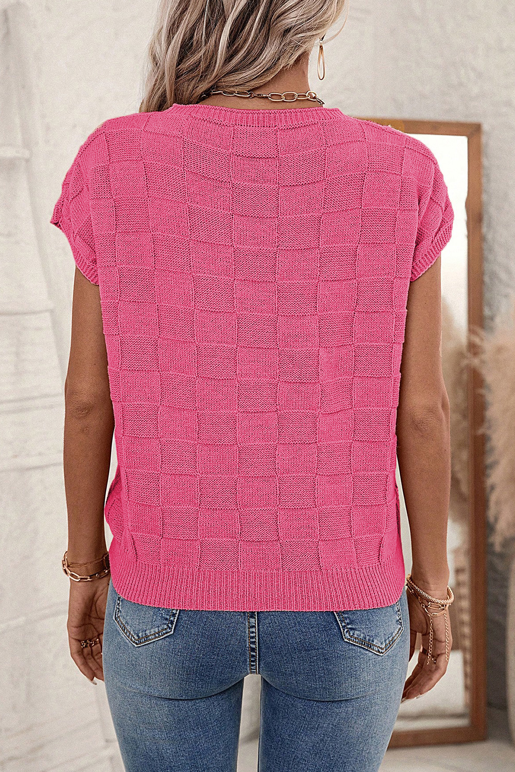 $ 7.12 - Wholesale Bright Pink Lattice Textured Knit Short Sleeve Sweater