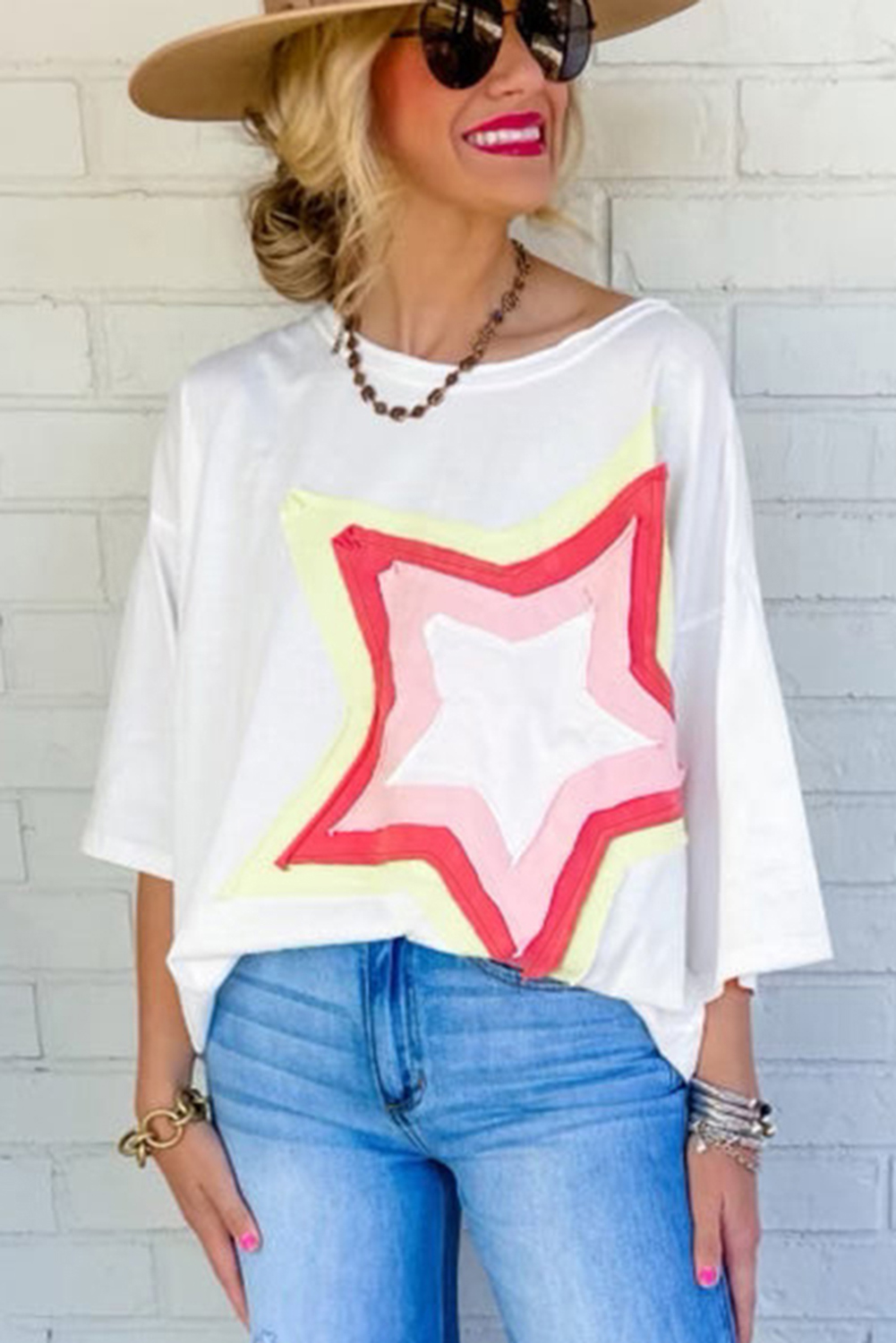 $ 7.72 - Wholesale White Colorblock Star Patched Half Sleeve Oversized Tee