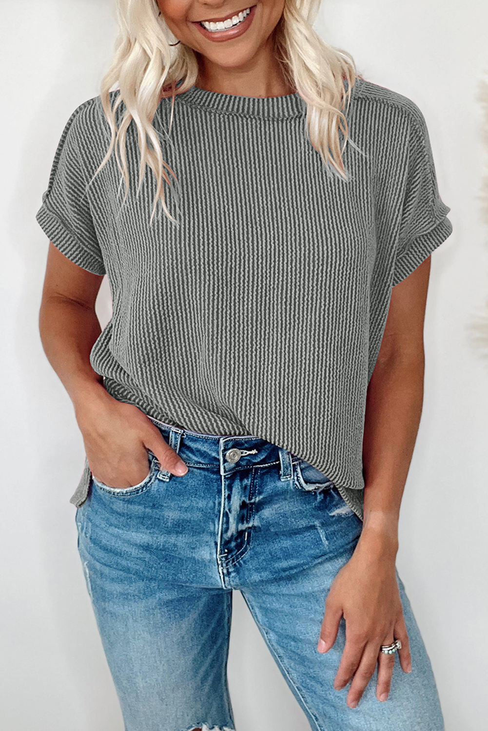 $ 4.95 - Wholesale Medium Grey Textured Knit Exposed Stitching T-shirt