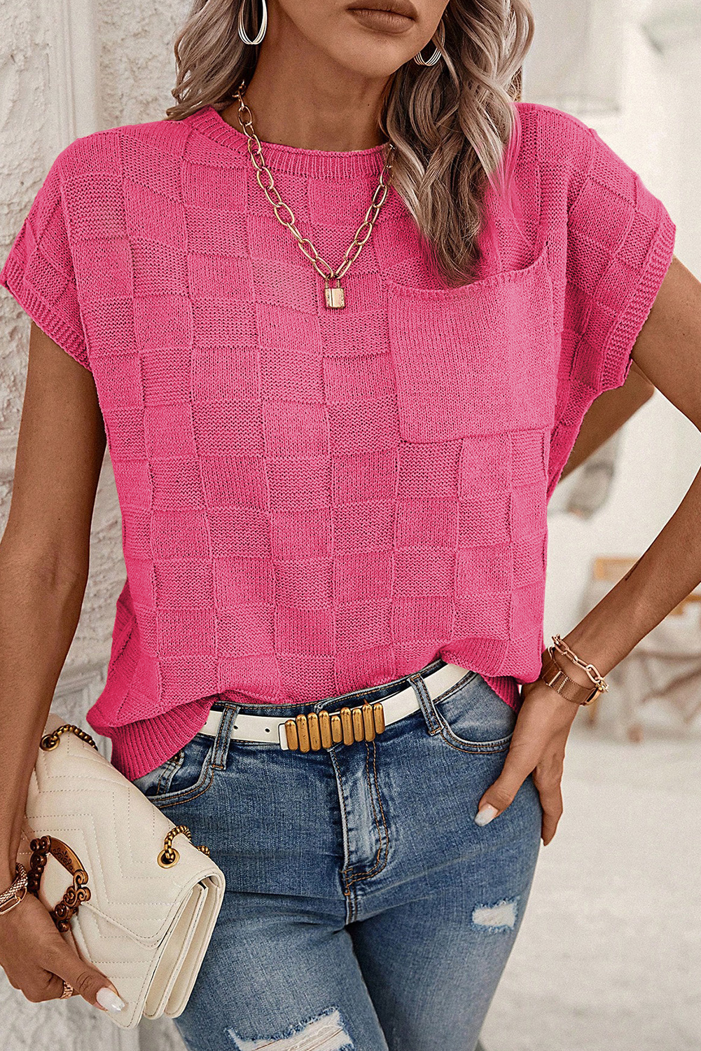 $ 7.12 - Wholesale Bright Pink Lattice Textured Knit Short Sleeve Sweater