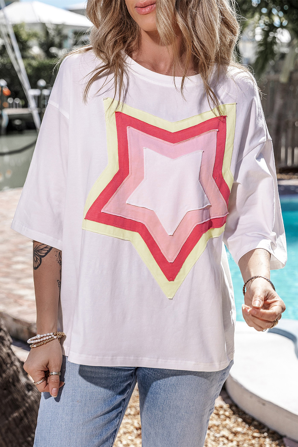 $ 7.72 - Wholesale White Colorblock Star Patched Half Sleeve Oversized Tee